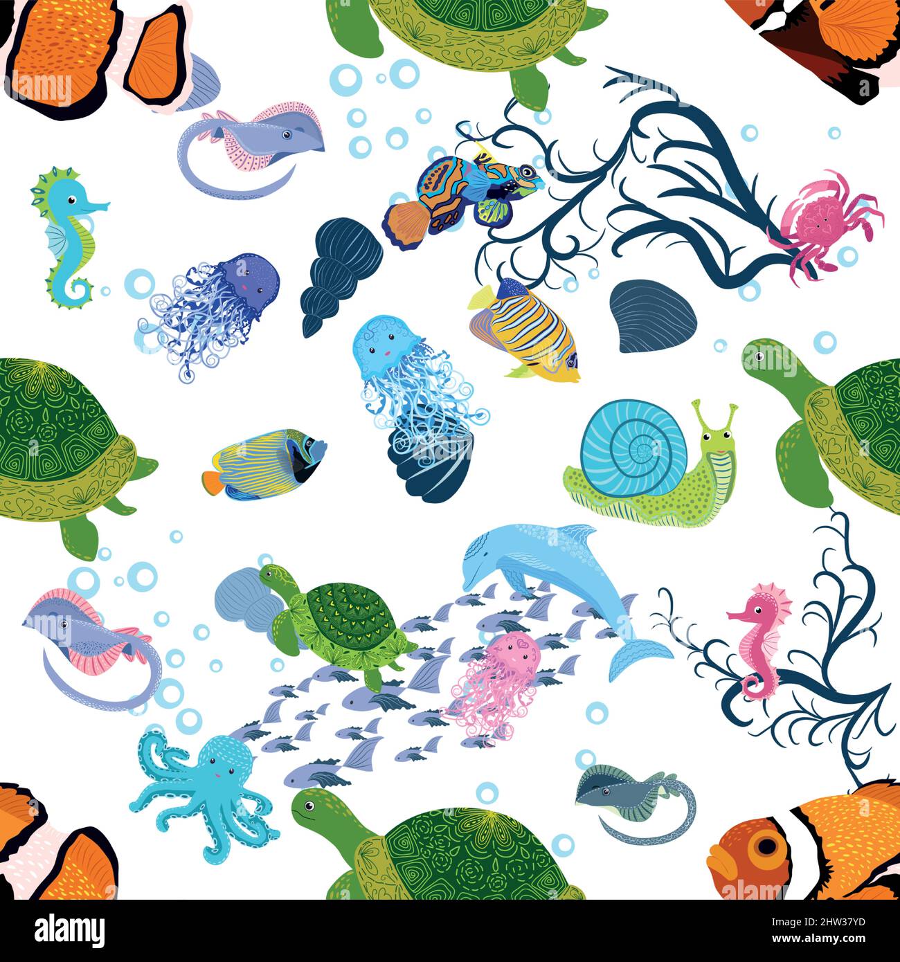 Marine life, fish, animals bright seamless pattern. sea travel ...