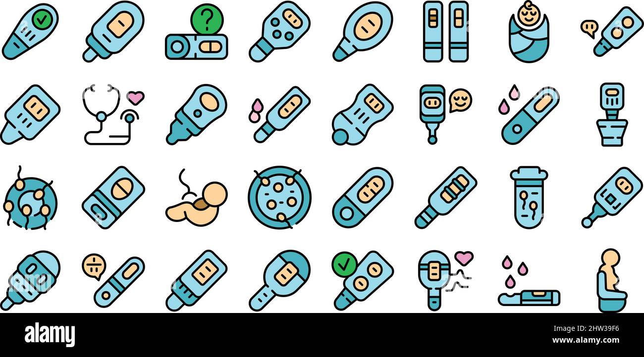Pregnancy test icons set outline vector. Kit analysis. Baby birth Stock ...