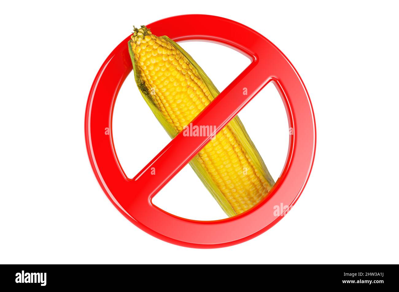 Maize, sweet corn with forbidden sign, 3D rendering isolated on white ...