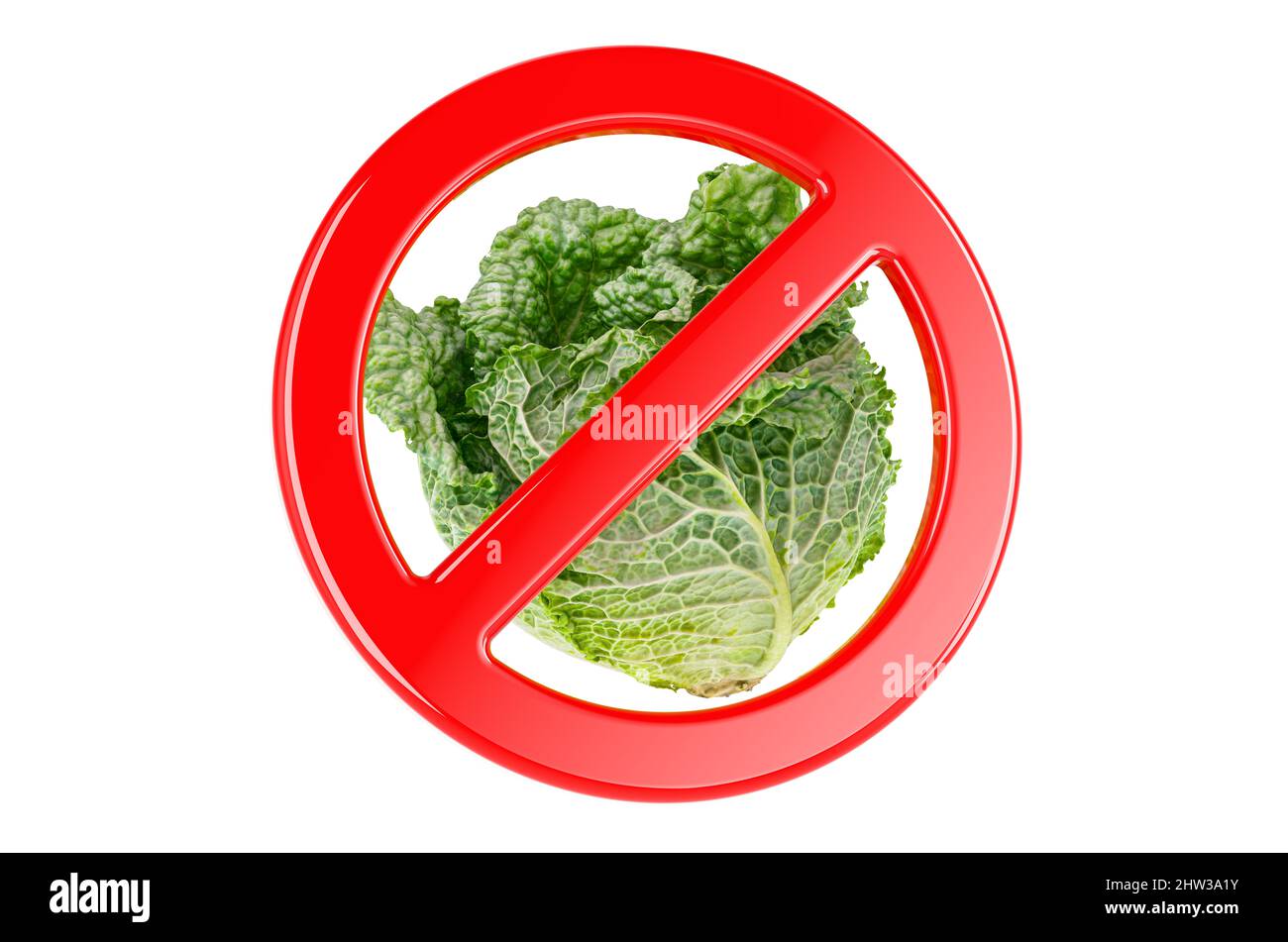 Savoy cabbage with forbidden sign, 3D rendering isolated on white ...