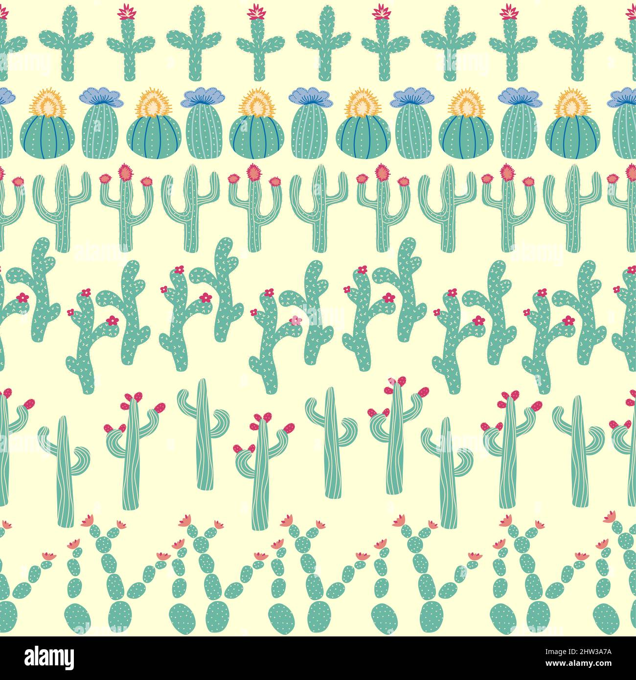seamless pattern with different cactus. Bright repeated texture with green cacti. Natural hand ...