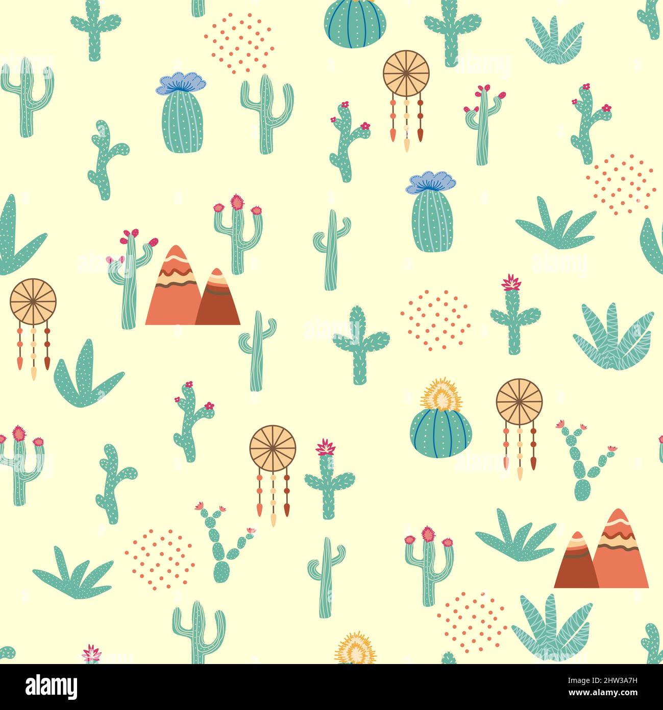 seamless pattern with different cactus. Bright repeated texture with green cacti. Natural hand ...