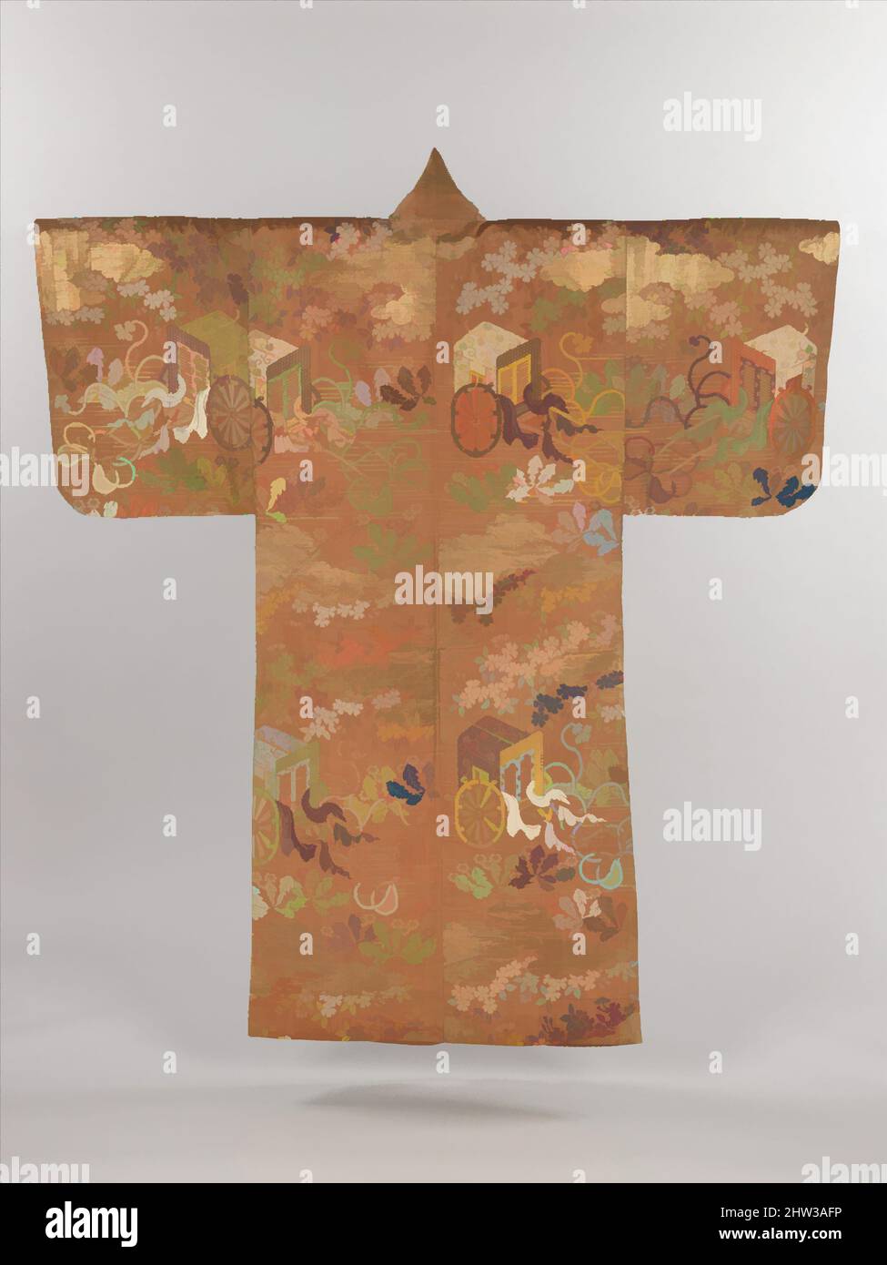 Art inspired by 紅地御所車桜蒲公英模様唐織, Noh Costume (Karaori) with Court ...