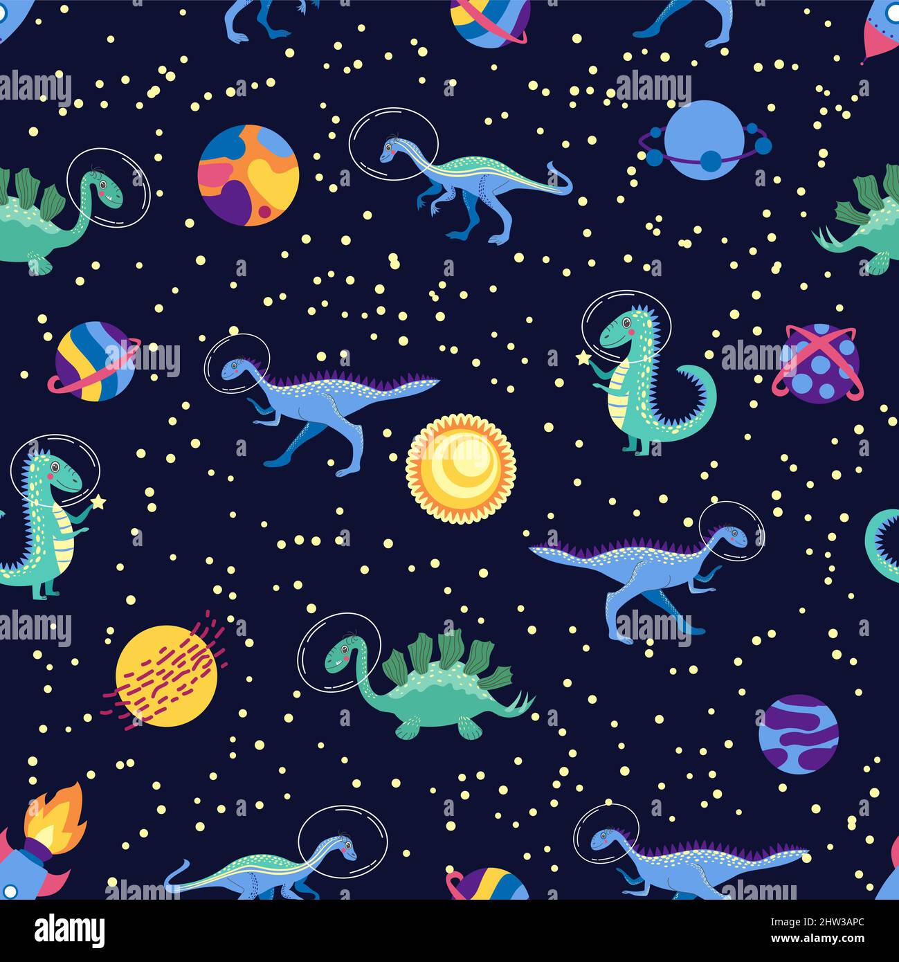 Dino in space seamless pattern. Cute dragon characters, dinosaur ...