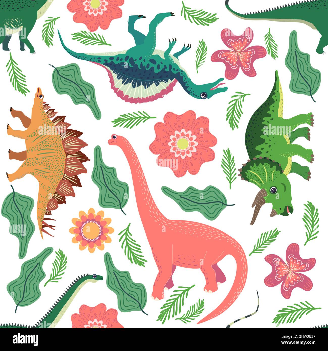 Hand drawn seamless pattern with dinosaurs and tropical leaves and ...