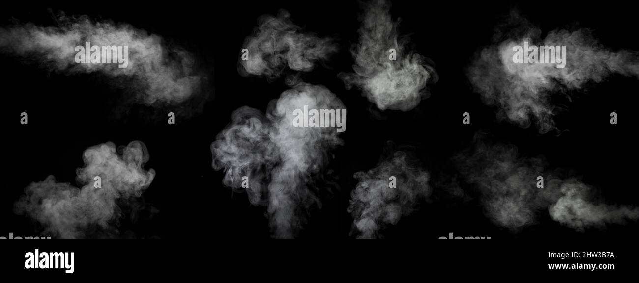 A set of eight different types of swirling, writhing smoke, steam ...