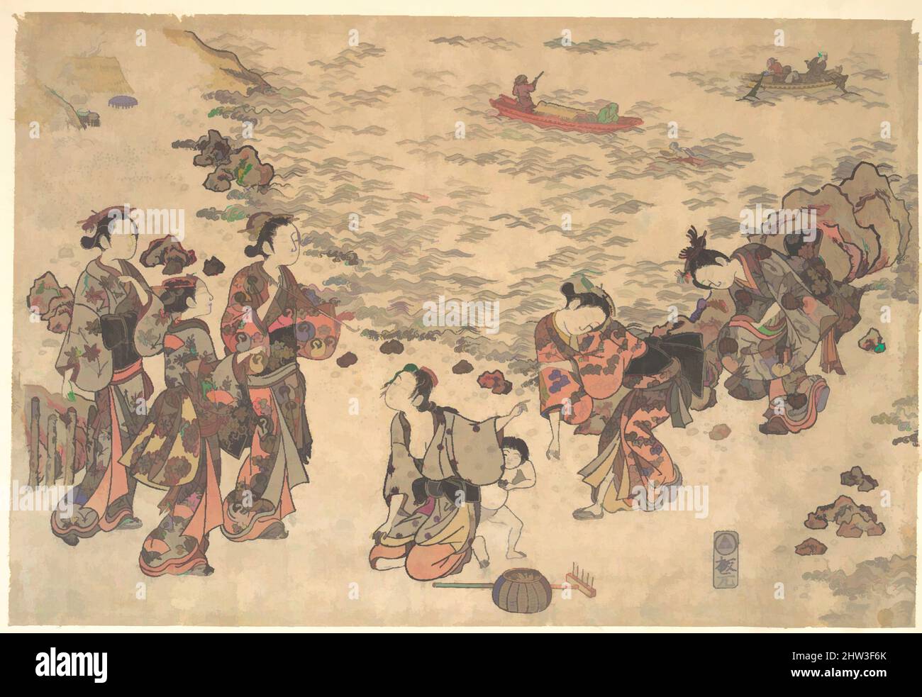 Art inspired by Women and a Small Boy Gathering Shells on a Beach by ...