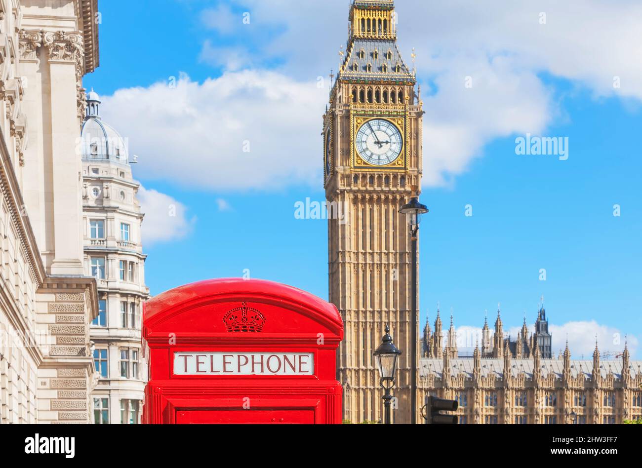 Big Ben and red phone box, London, England, UK Stock Photo - Alamy