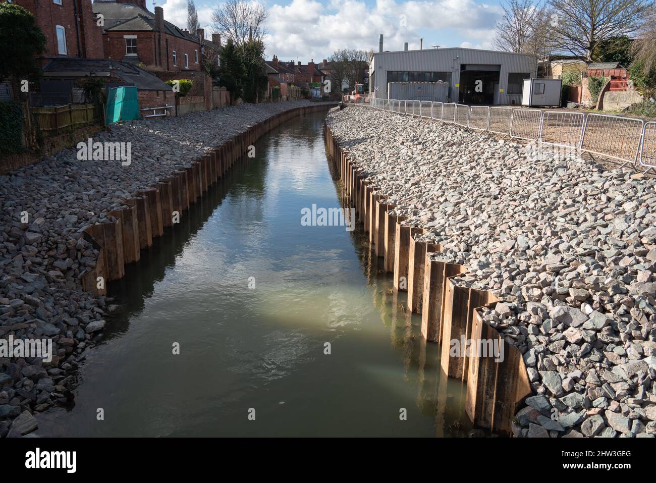 Sheet metal, piling, position, located in ground, supporting, river ...