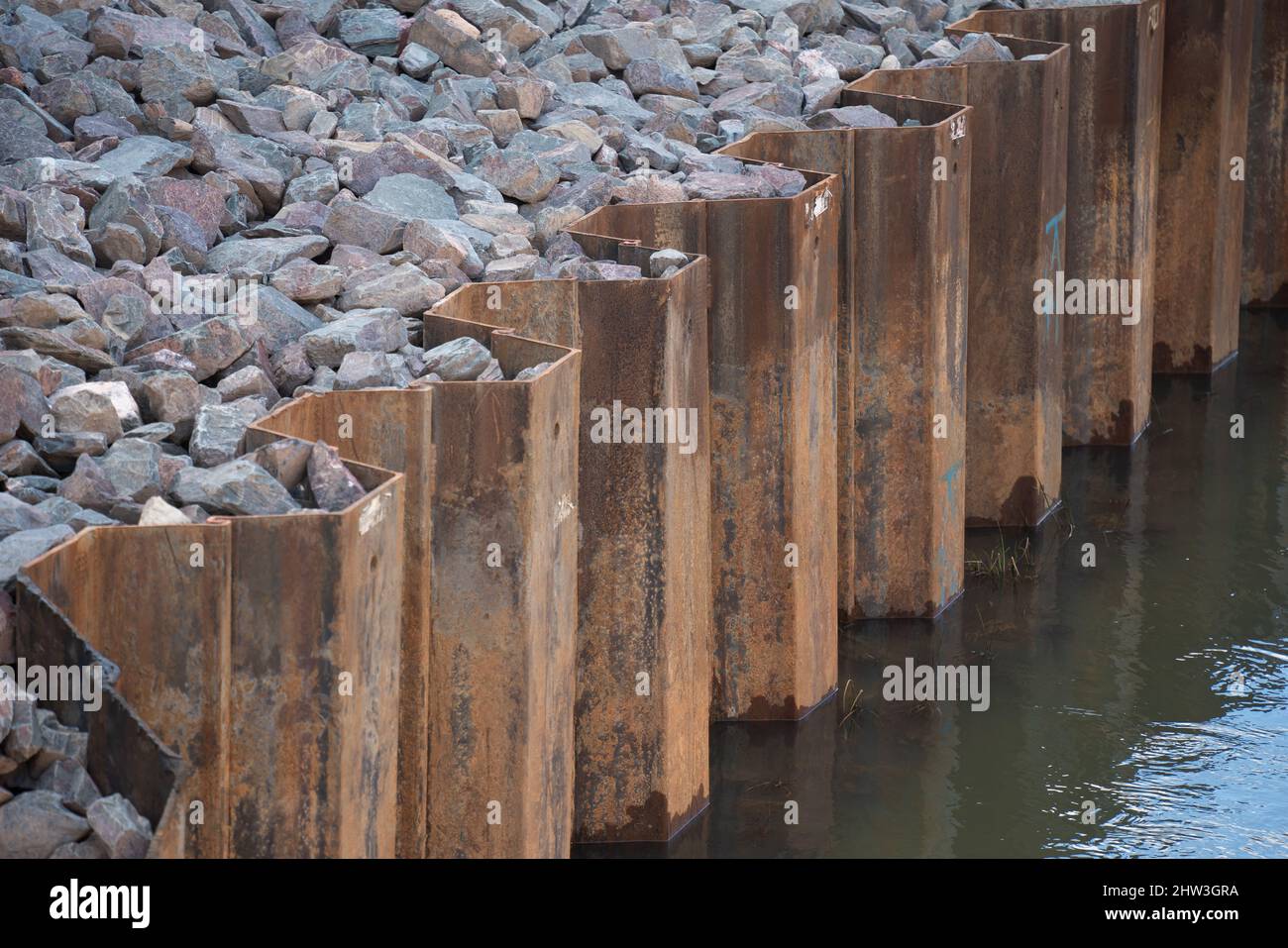 Sheet metal, piling, position, located in ground, supporting, river ...