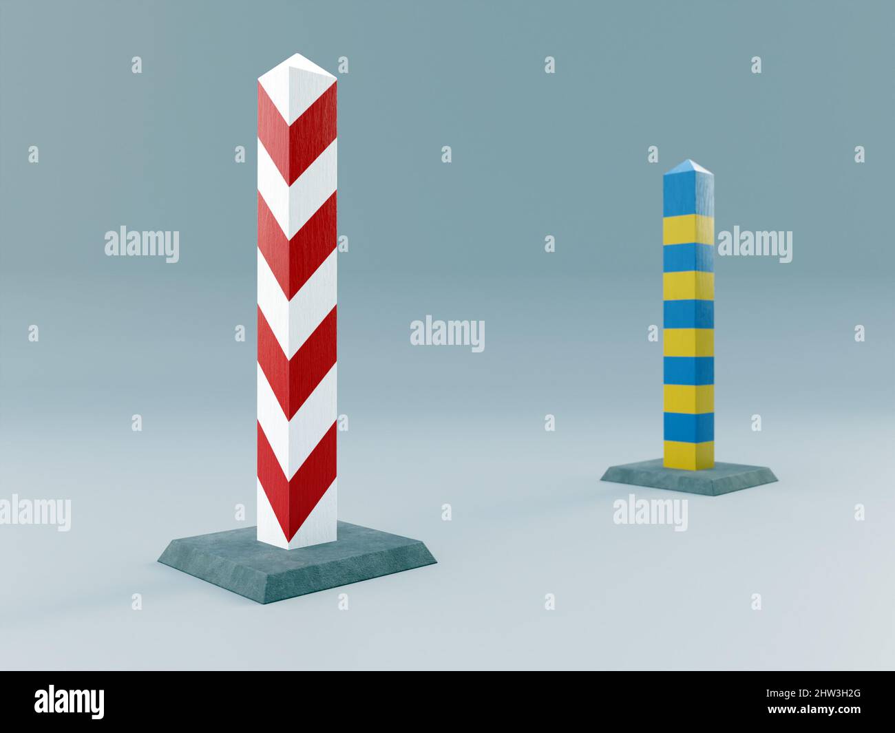 3D rendering of Polish and Ukrainian frontier posts on gray background ...