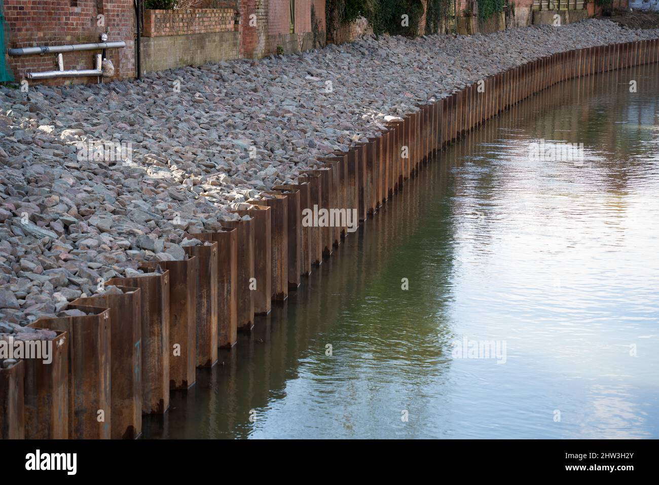 Sheet metal, piling, position, located in ground, supporting, river ...