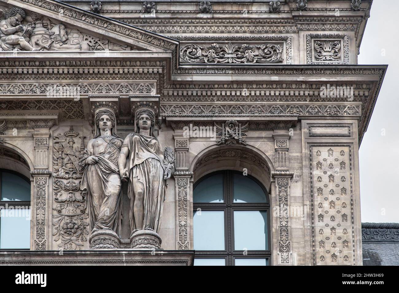 Detail of the exterior architecture of the Louvre in Paris with its ...