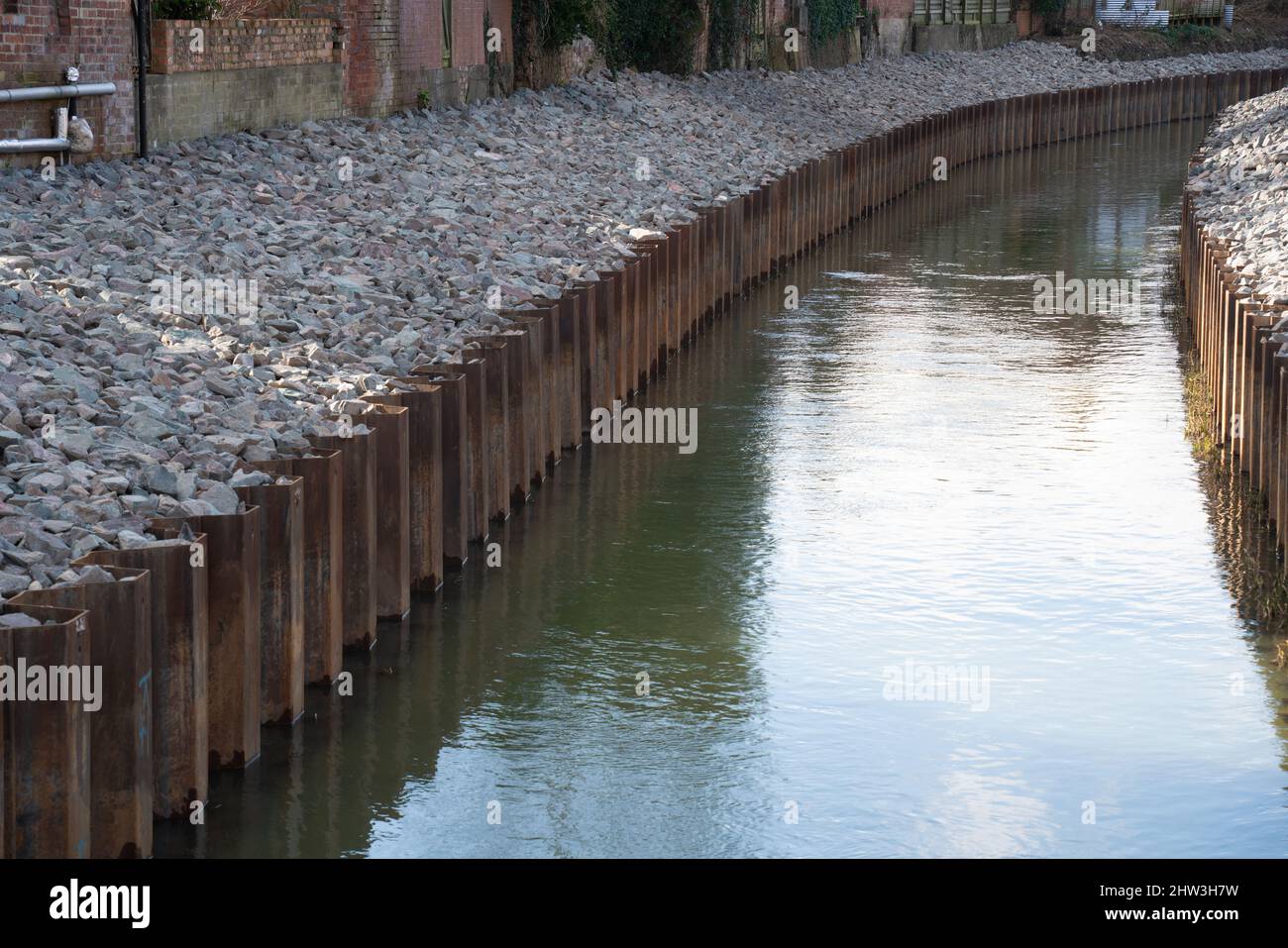 Sheet metal, piling, position, located in ground, supporting, river ...