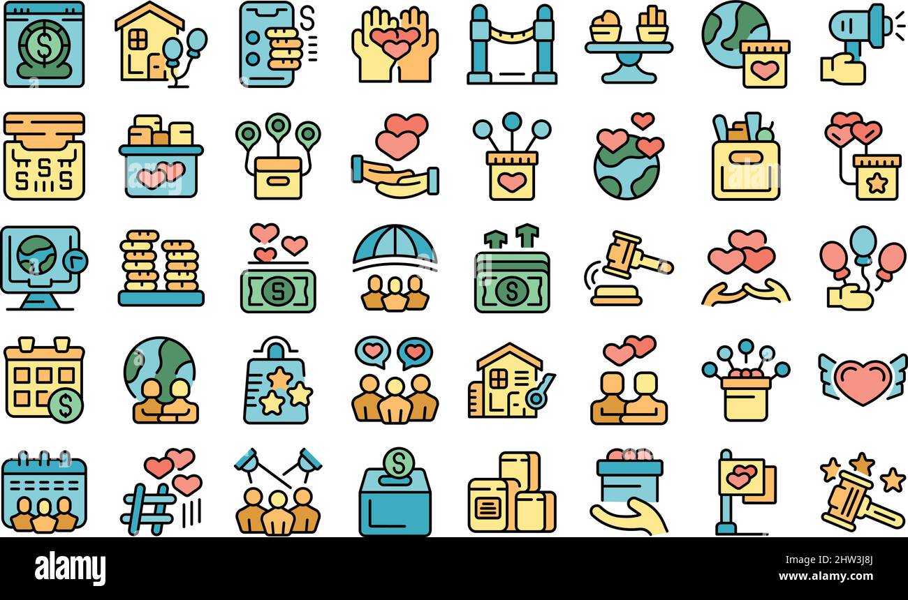 Charity event icons set outline vector. Help volunteer. Help donate ...