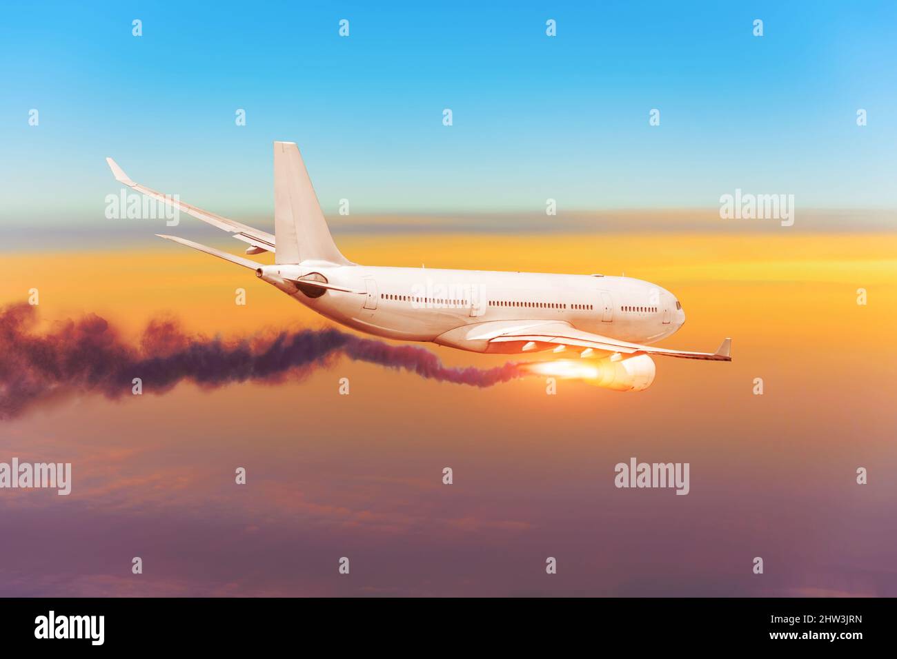 Emergency flight aircraft with fire engine dark smoke, reduction fall ...