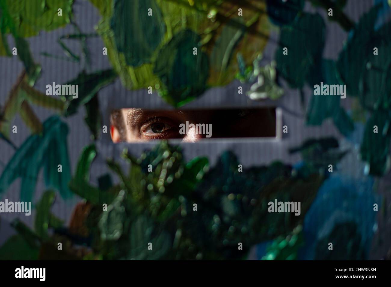 The guy is looking at you through a slot in the palette. Artist looks ...