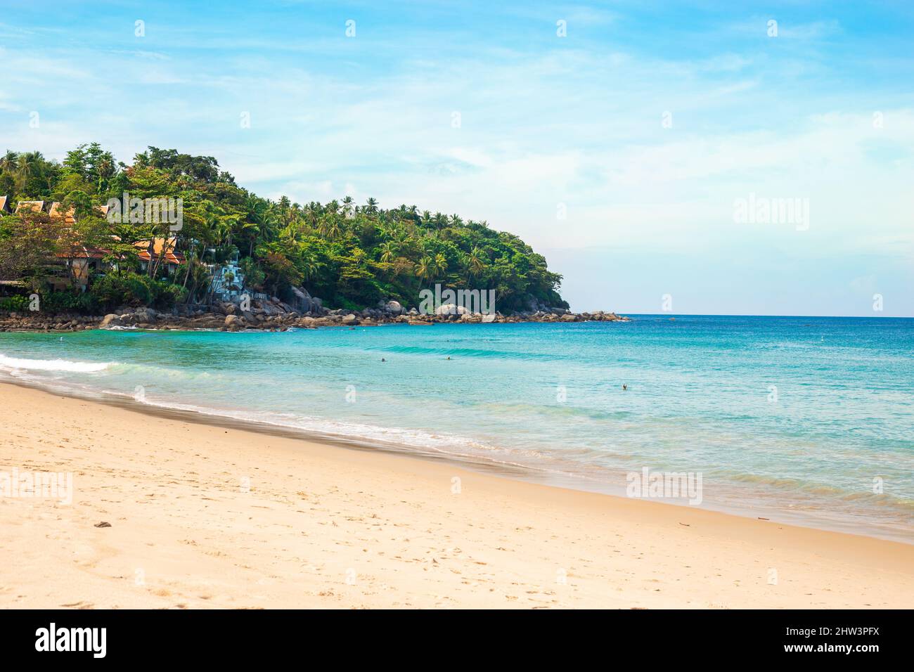 Seascape with tropical greenery and sandy beach. Travel and tourism to ...