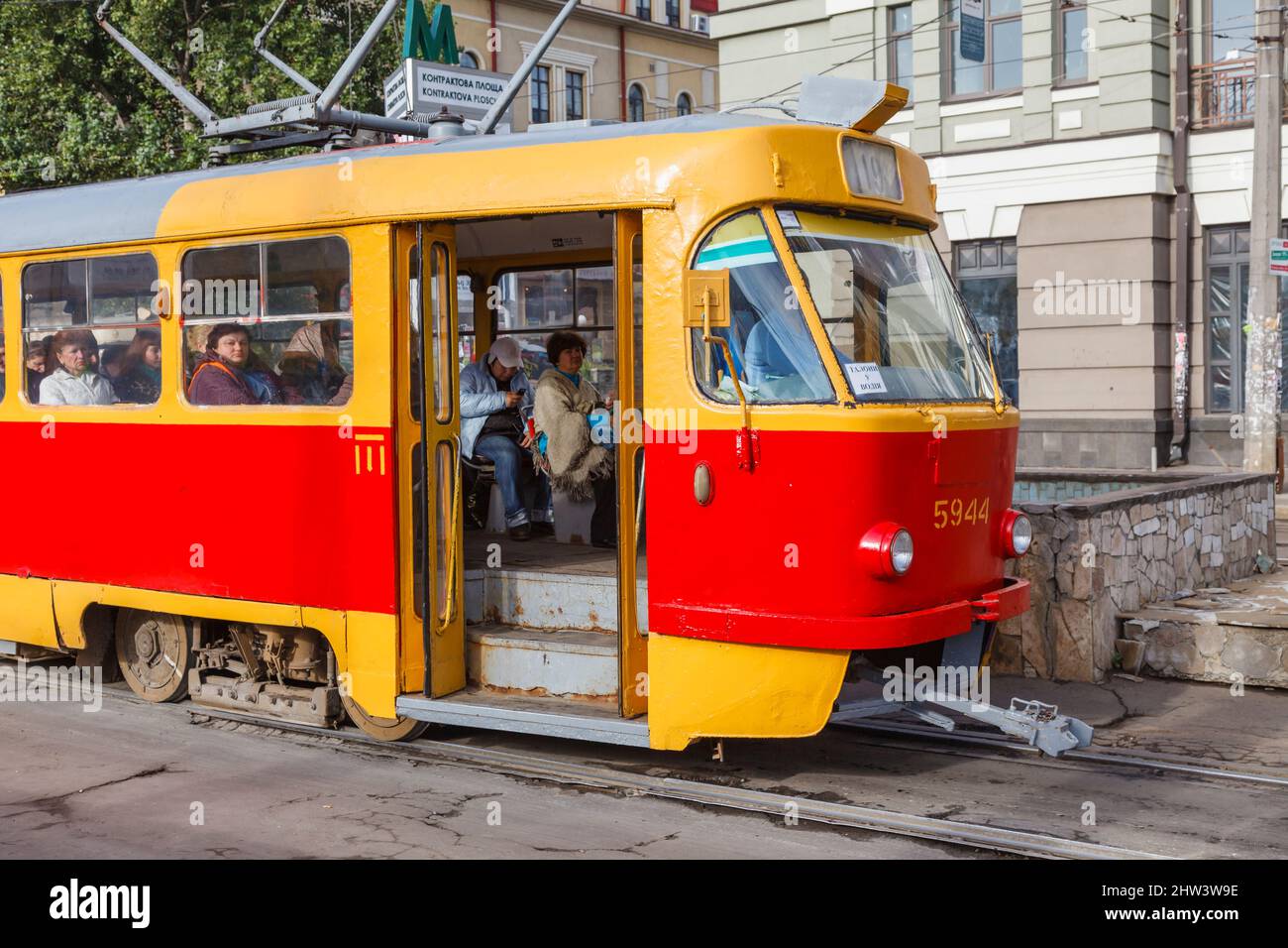 Public transport in Kiev (Kyiv), capital city of Ukraine: a typical red ...