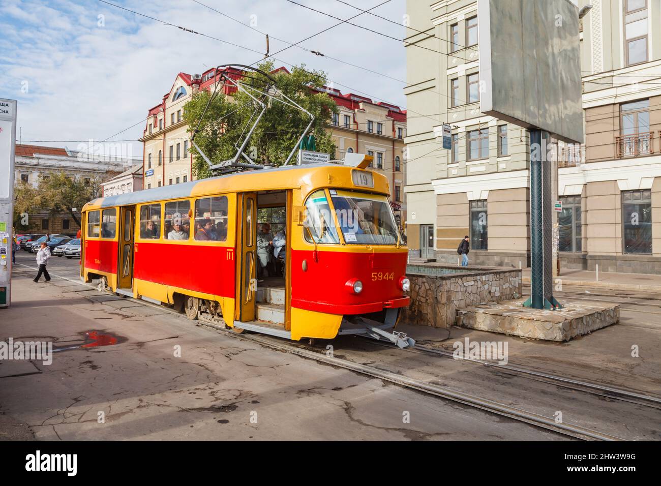 Public transport in Kiev (Kyiv), capital city of Ukraine: a typical red ...