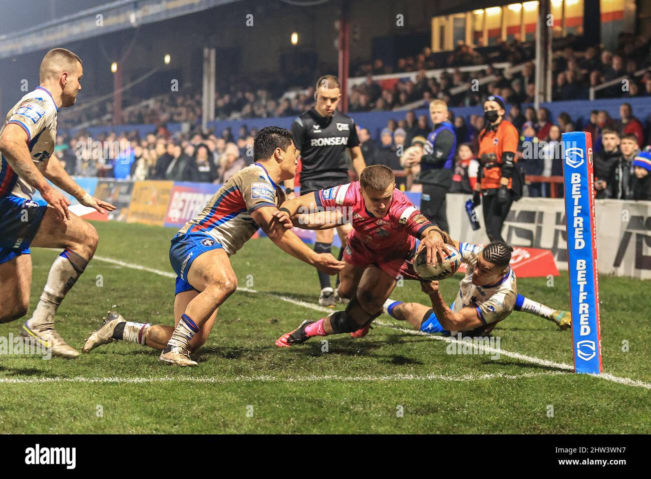 Ash Handley of Leeds Rhinos scores a hat-trick of try’s as he goes over ...