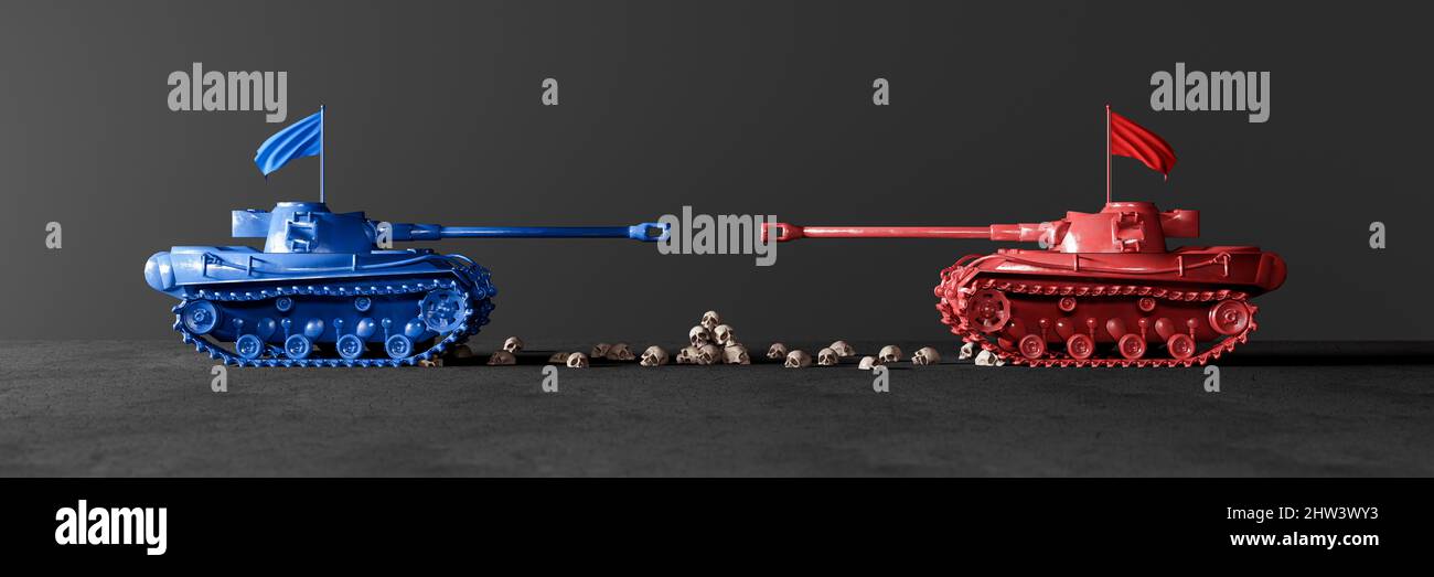 War escalation of the conflict 3d concept. Blue and red tanks are ...