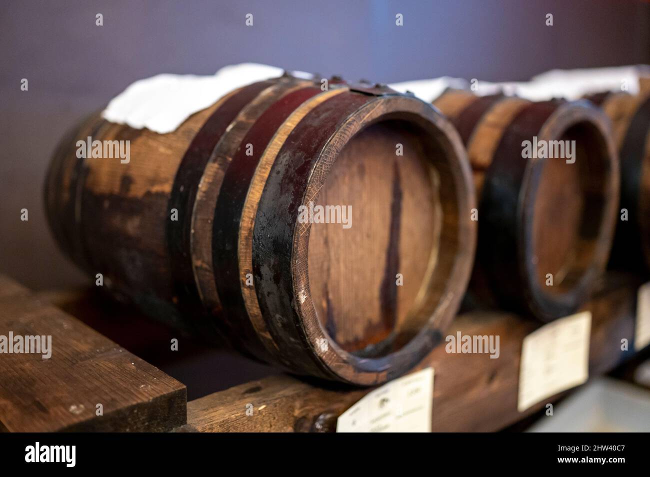 Traditional production and aging in wooden barrels of black Italian ...