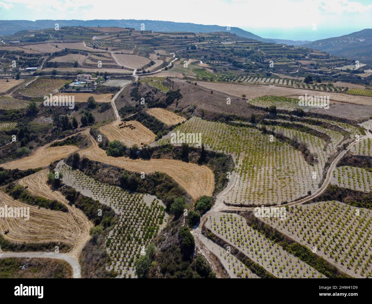 Aerial view on Troodos mountains, fertile valley with vineyards and ...