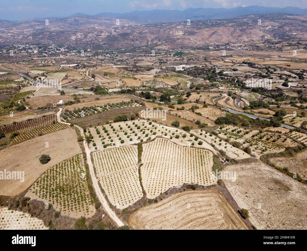 Aerial view on Troodos mountains, fertile valley with vineyards and ...