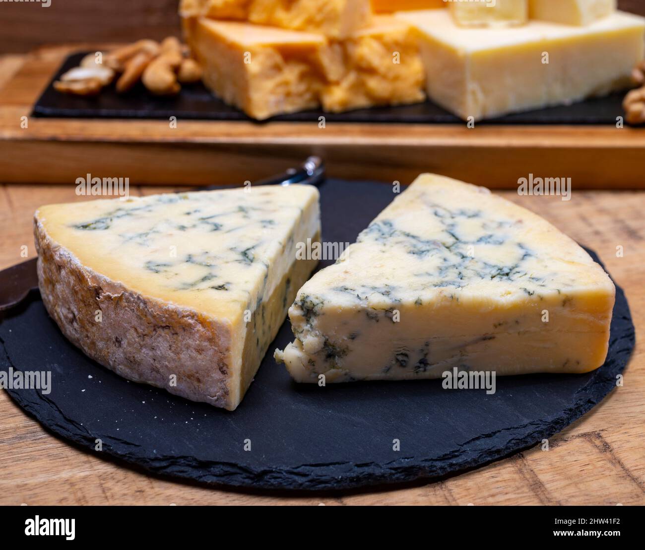 British cheeses collection, blue Stilton, Scottish coloured and English ...
