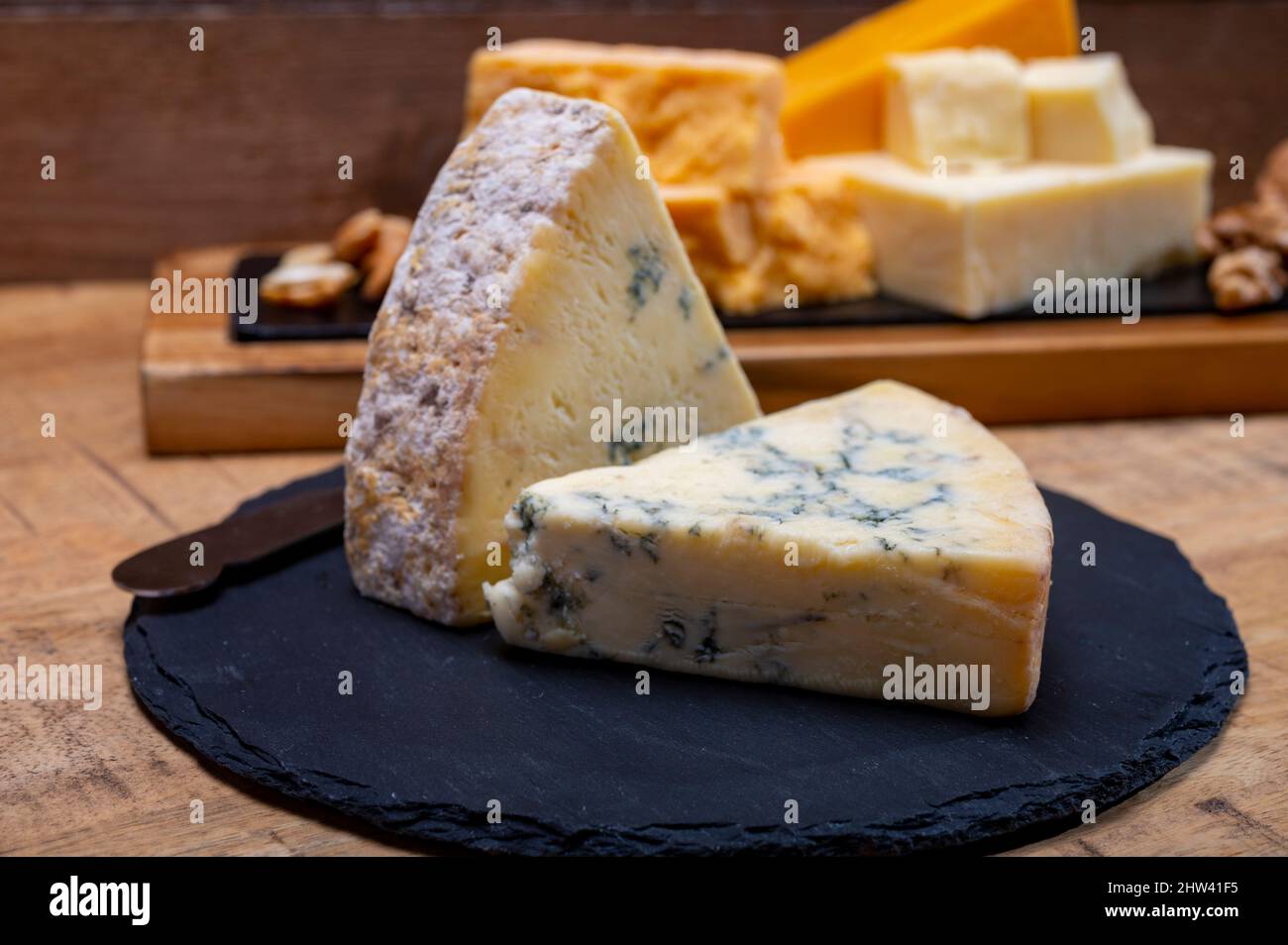 British cheeses collection, blue Stilton, Scottish coloured and English ...