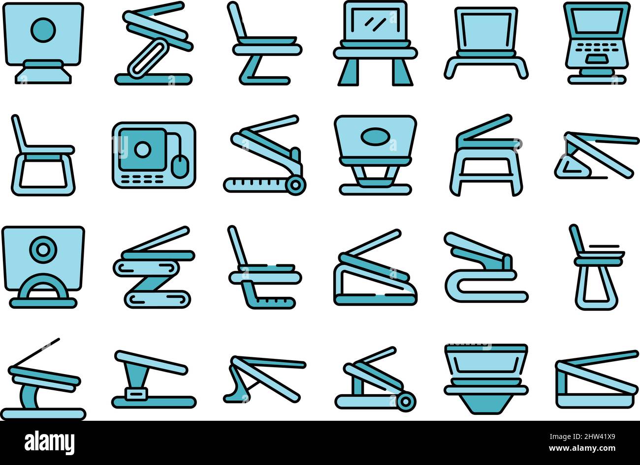 Laptop stand icons set outline vector. Compute work. Office people ...