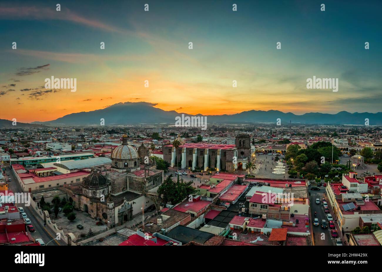 Aerial view of the San Jose Cathedral at night in Ciudad Guzman ...