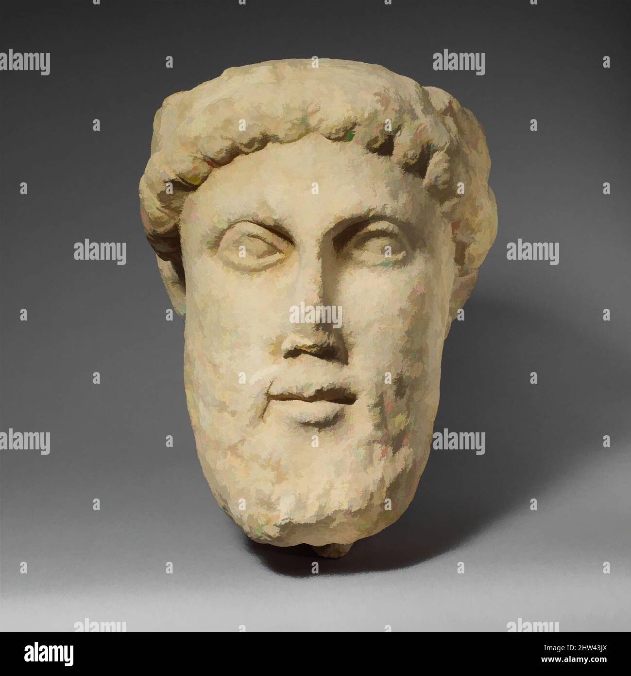 Art inspired by Limestone head of a bearded male with a wreath of ...