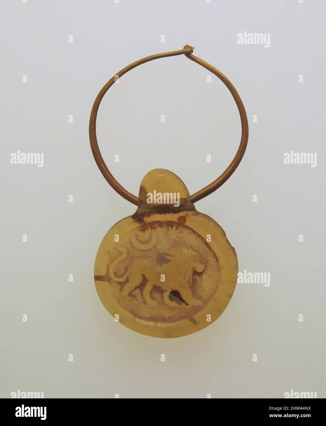 Art inspired by Glass stamped disk pendant with gold hoop, Late ...