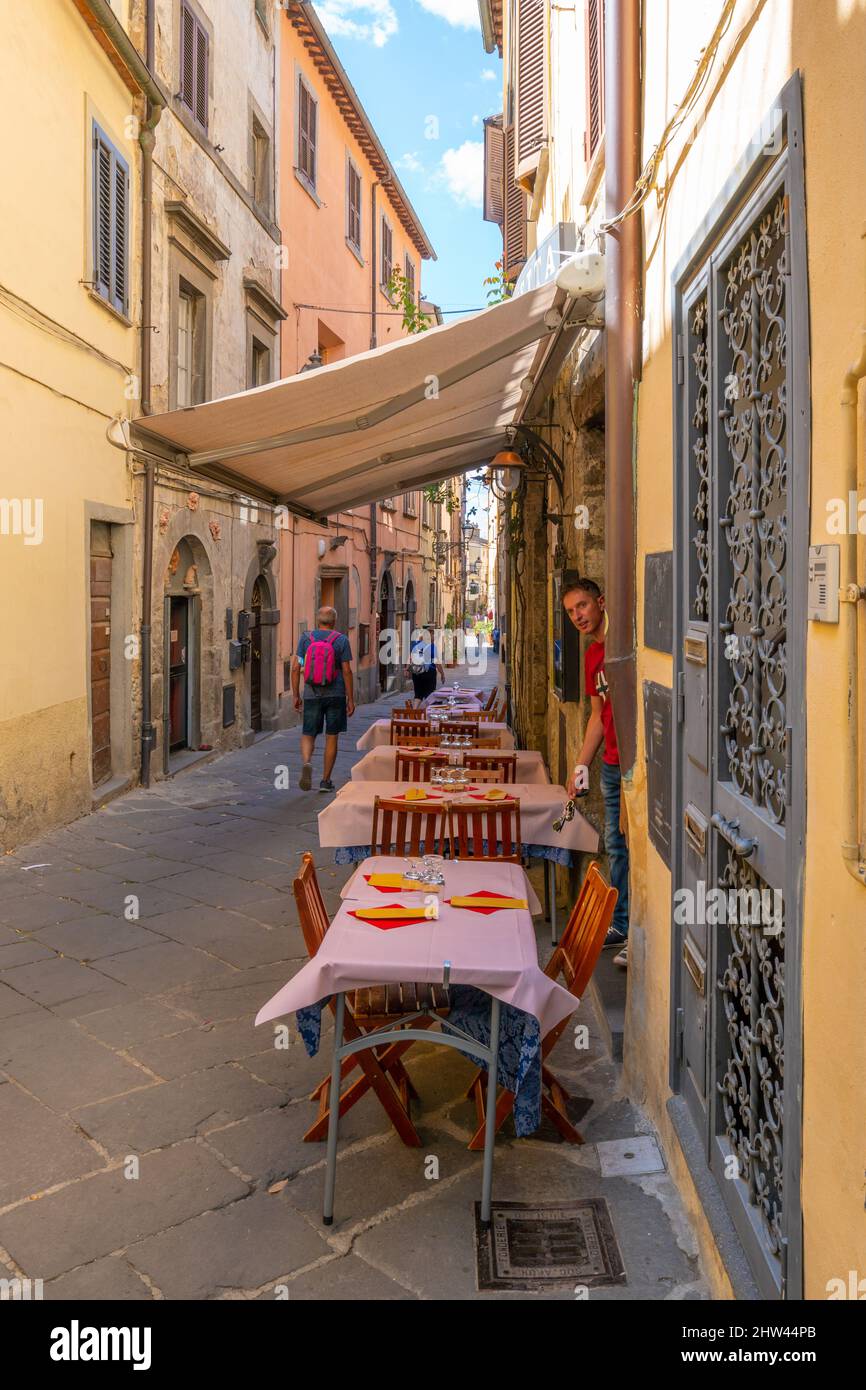 Cozy restaurant in a narrow alley of the old town, Onano, Italy Stock ...