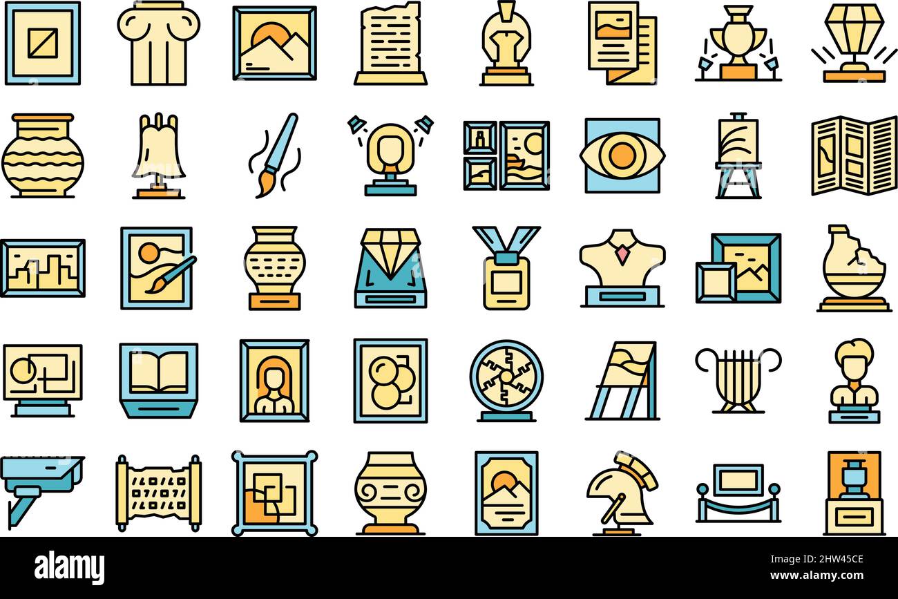 Art gallery icons set outline vector. School museum. Hall education ...