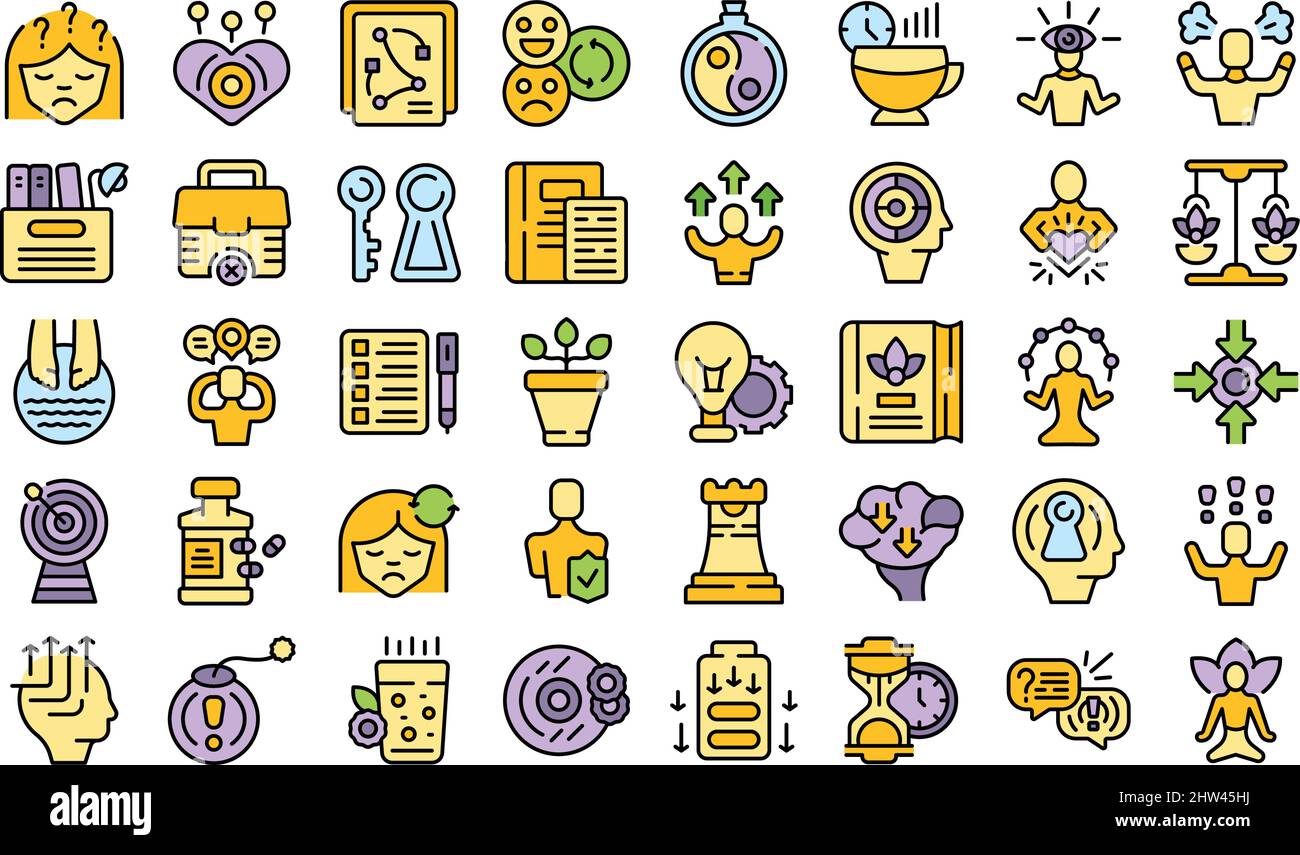 Stress reduction icons set outline vector. Anger balance. Calm control ...