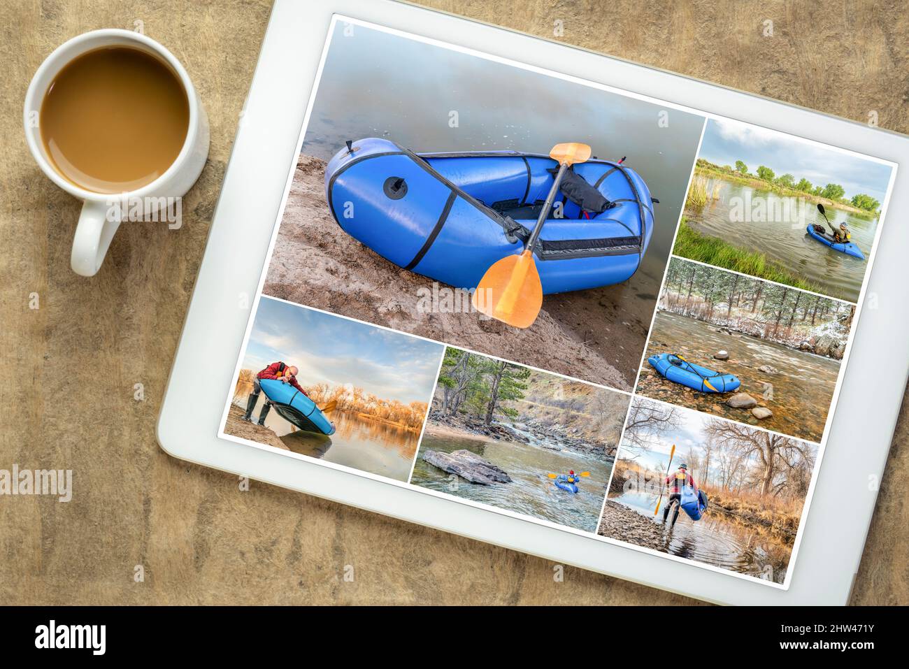 paddling inflatable packraft (one-person light raft used for expedition ...