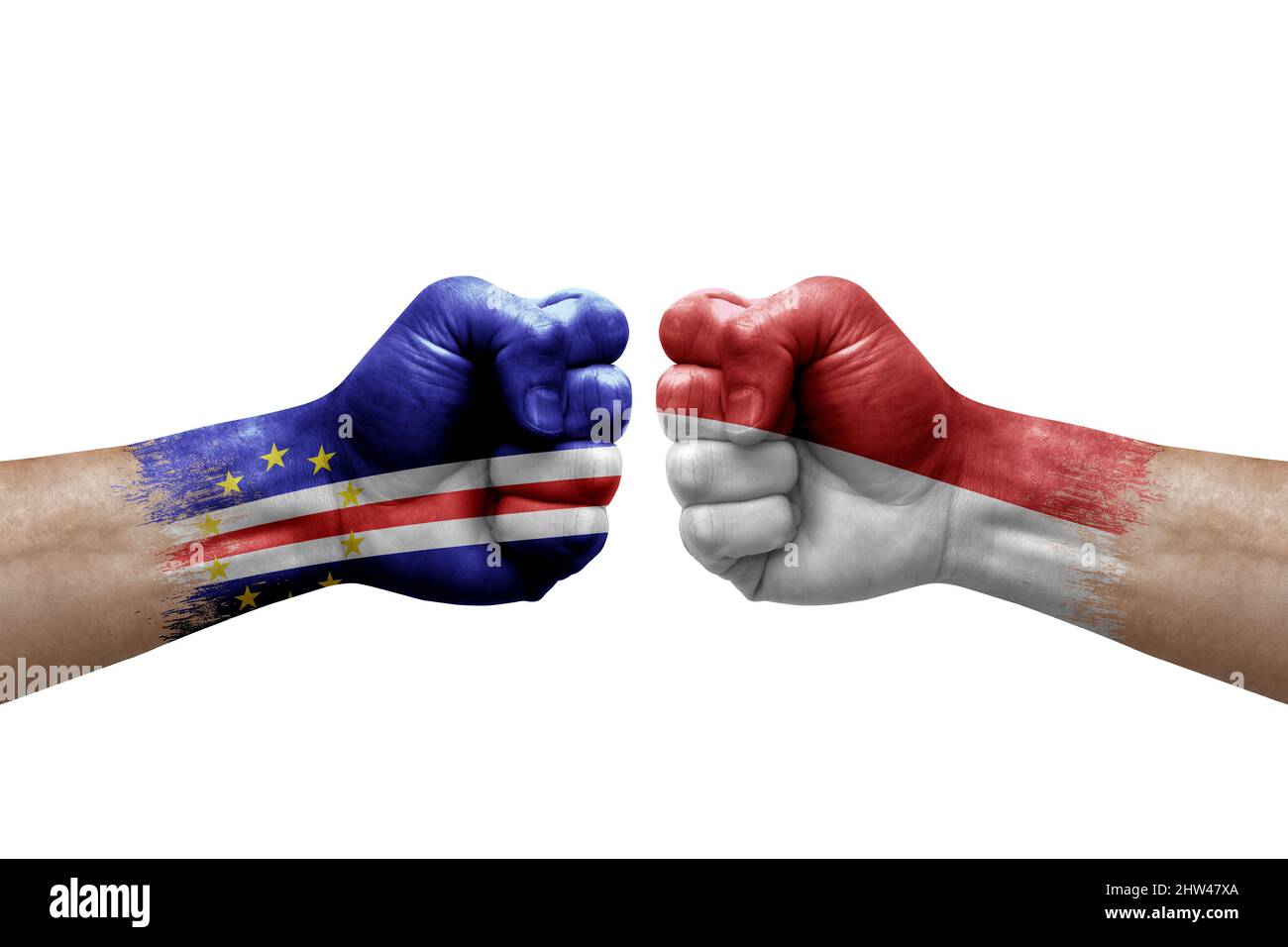 Two hands punch to each others on white background. Country flags ...