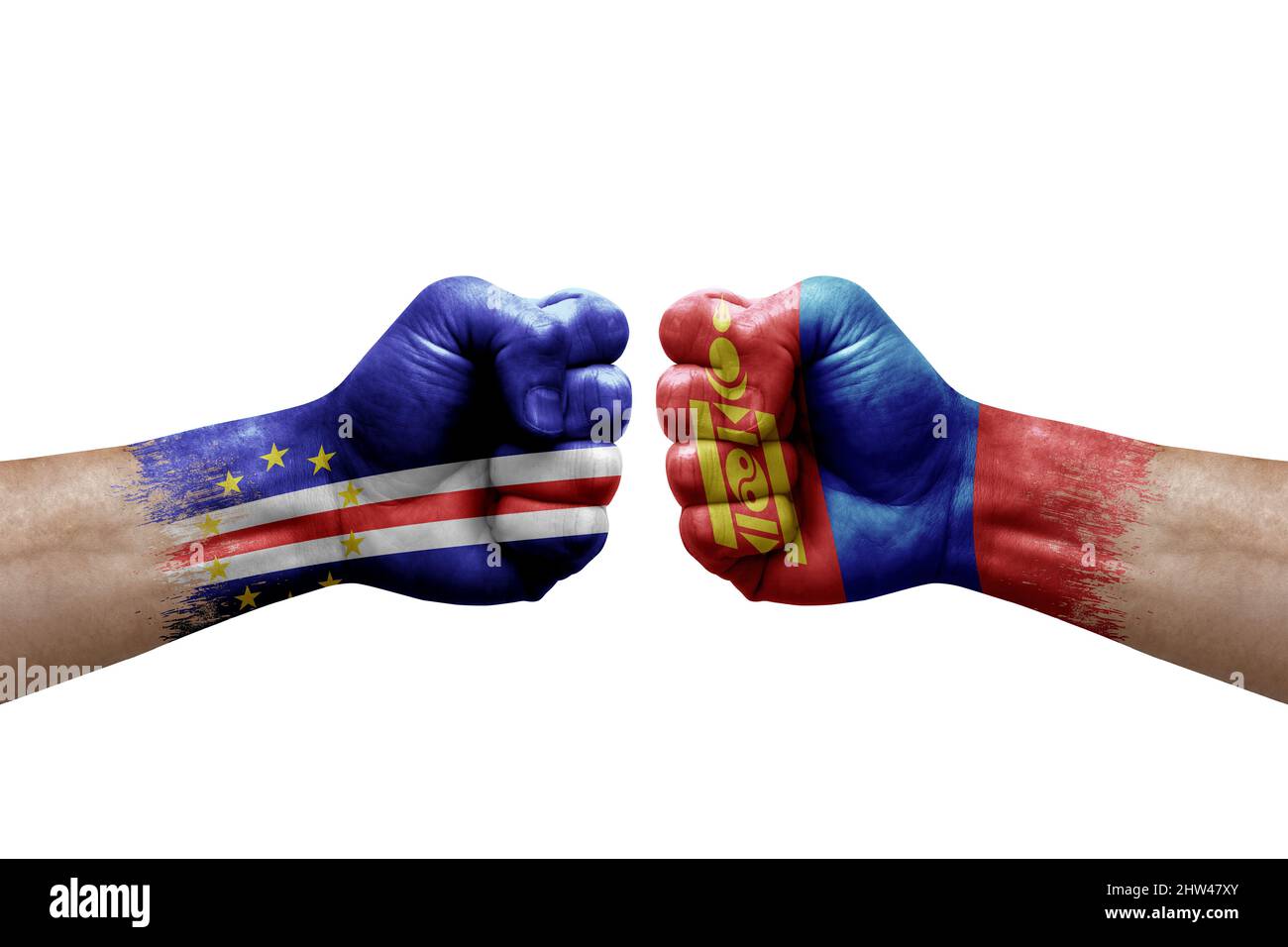 Two hands punch to each others on white background. Country flags ...
