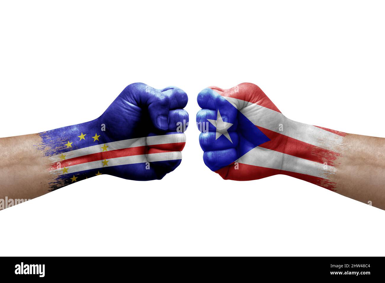 Two hands punch to each others on white background. Country flags ...