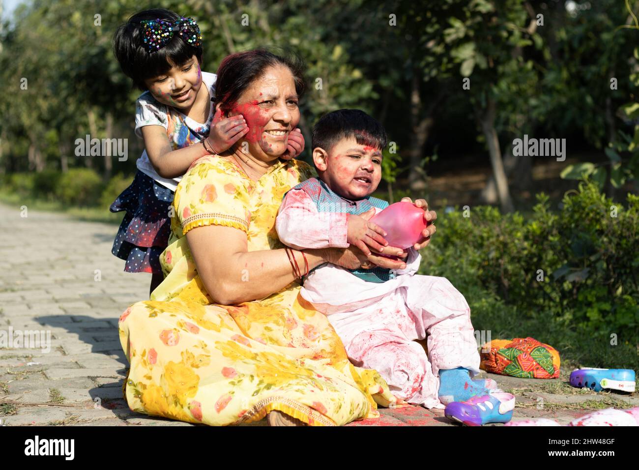 Happy Asian Indian Kids Boy, Girl And Grandmother Multi Generation ...