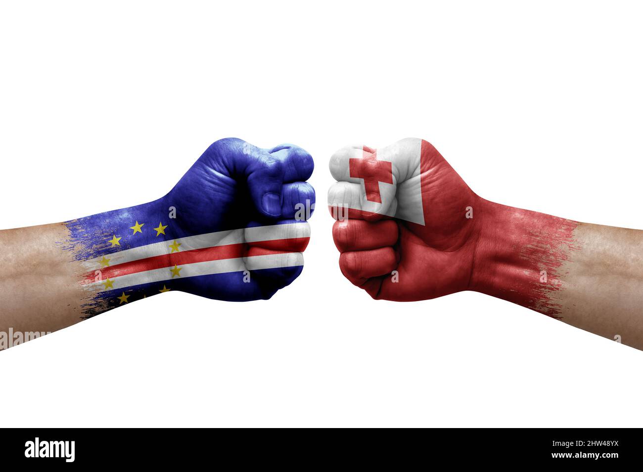 Two hands punch to each others on white background. Country flags ...