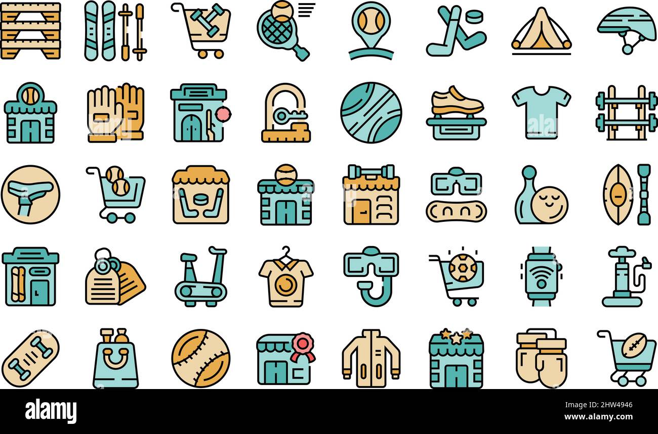 Sports store icons set outline vector. Interior clothing. Inventory ...