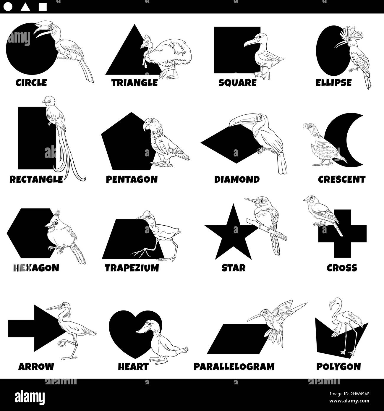 Black and white educational cartoon illustration of basic geometric ...