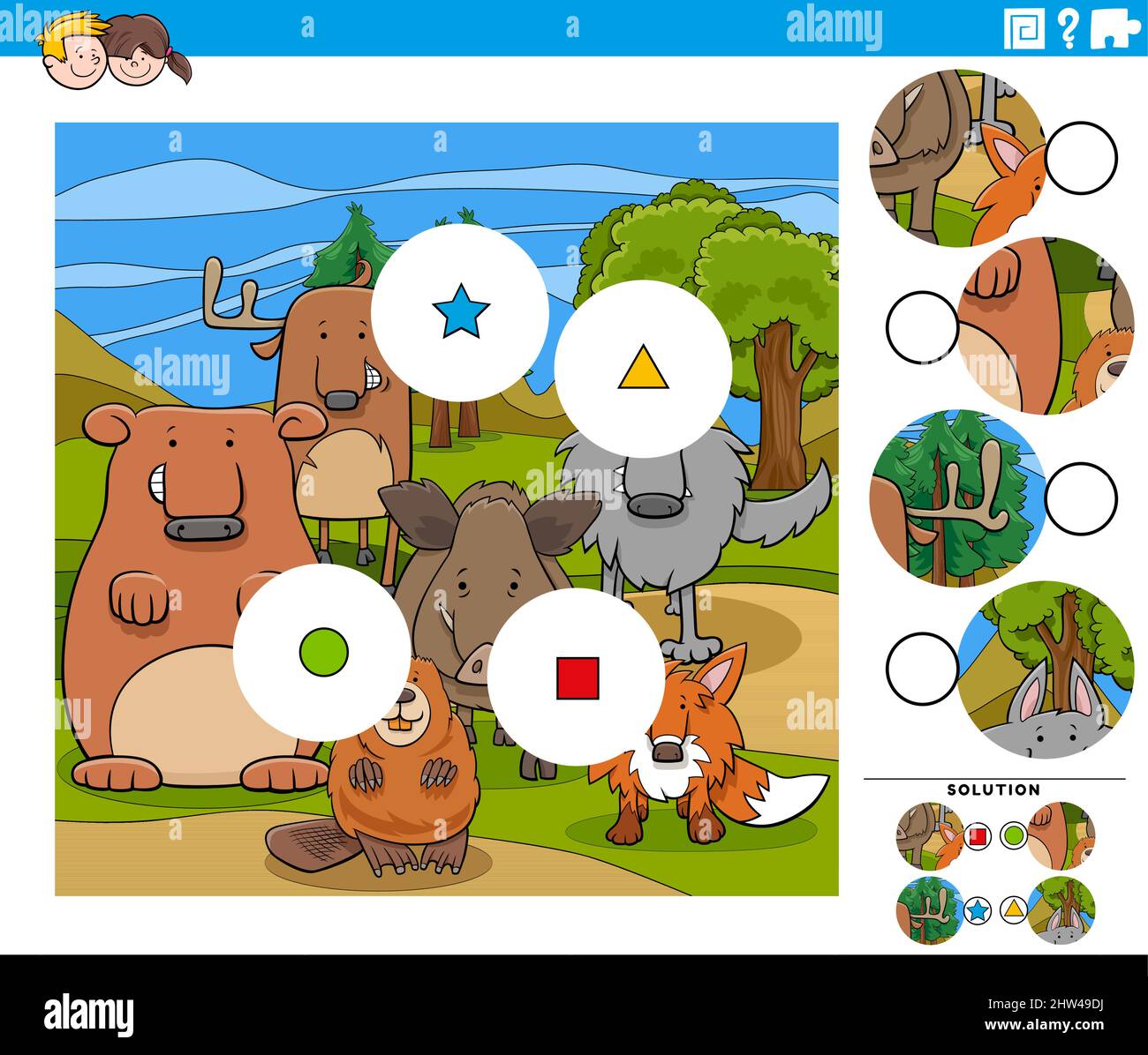 Cartoon illustration of educational match the pieces jigsaw puzzle game ...