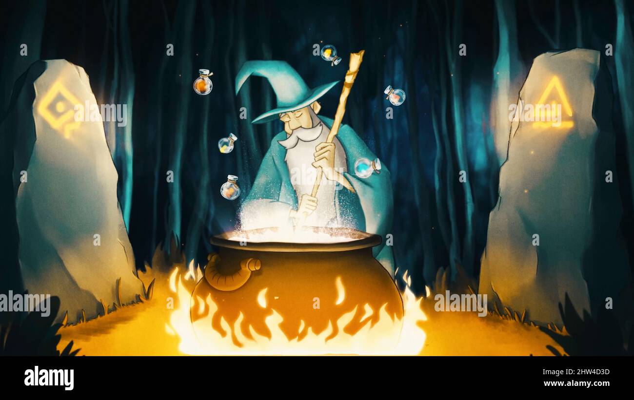 Beautiful colorful animation. Cute cartoon wizard preparing a potion in ...