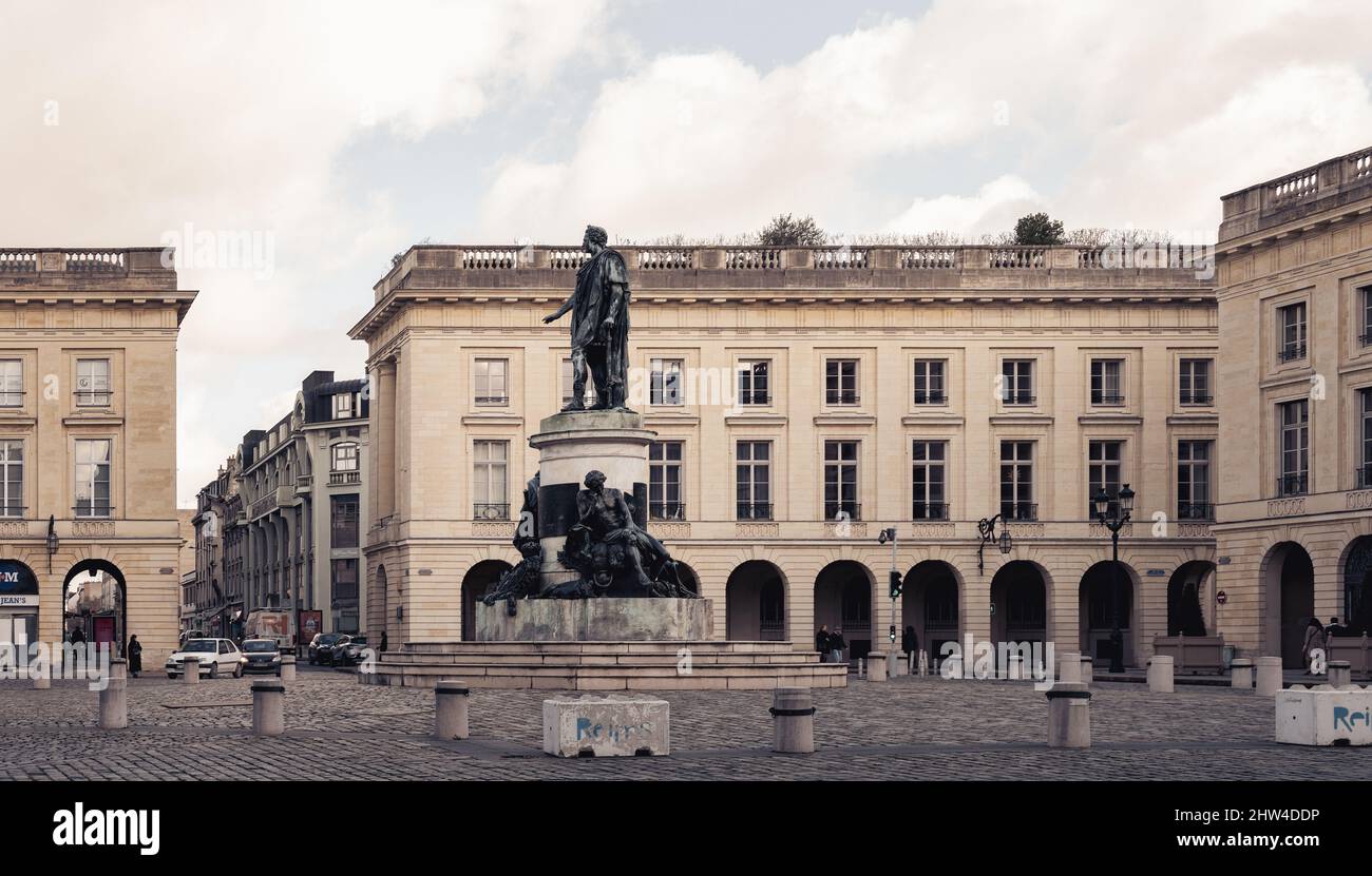 REIMS, FRANCE - FEBRUARY 11th, 2022: Place Royale with the statue of ...