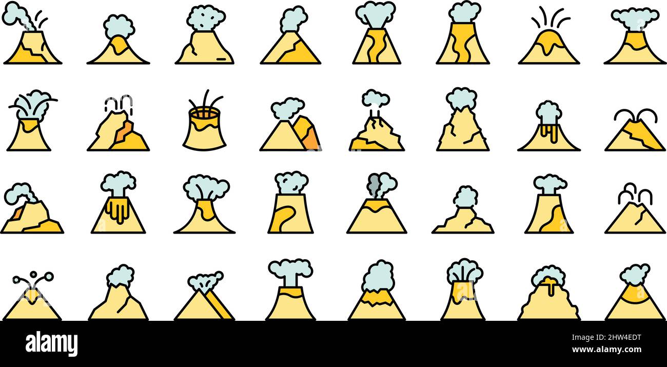 Volcanic eruption icons set outline vector. Adventure climb. Volcano ...